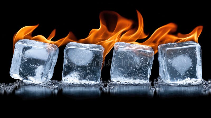 Four Ice Cubes with Flames Engulfing Them on a Black Background Stock ...