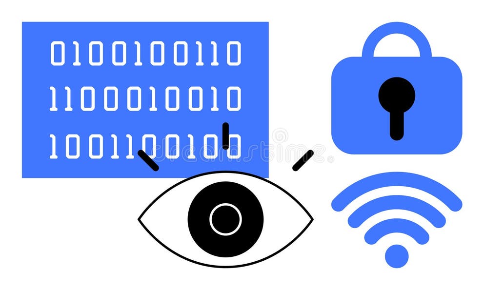 Digital Security Symbols Featuring Binary Code Padlock Eye and Network ...