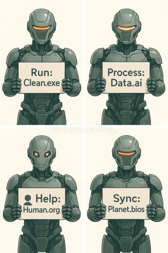 Four Identical Robots are Holding Signs with Different Commands and ...