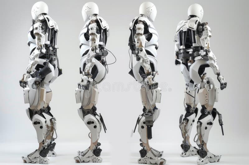 Four Identical White Futuristic Robots Standing Still Stock Photo ...