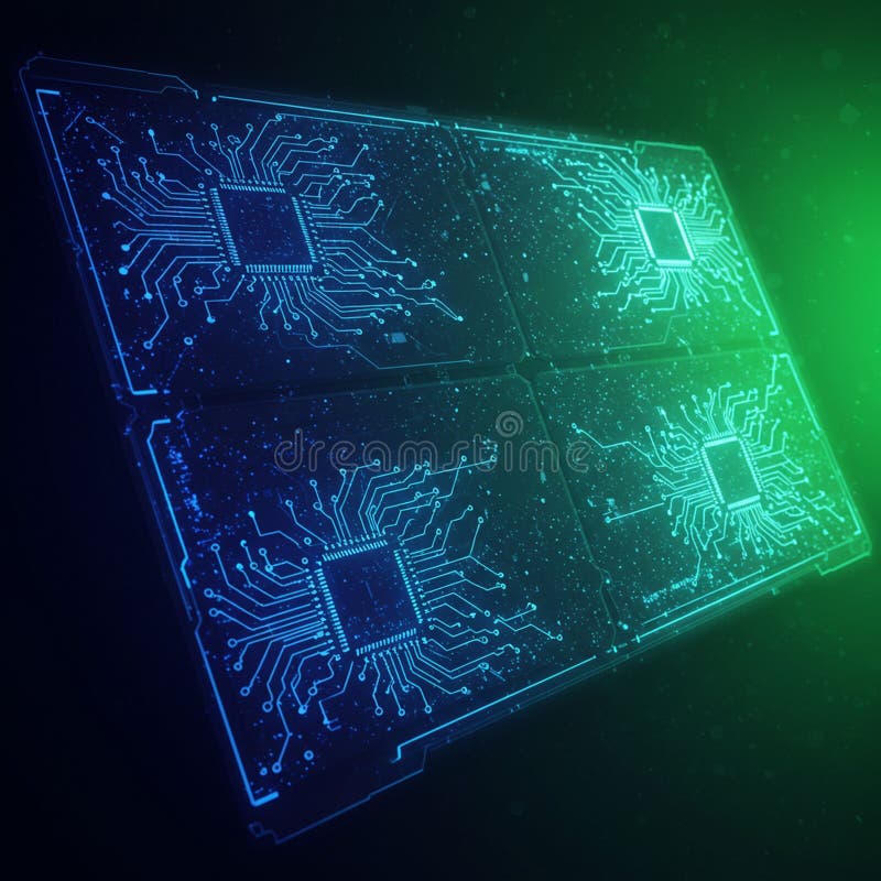 Four Illuminated, Futuristic Microchips Connected by Intricate ...