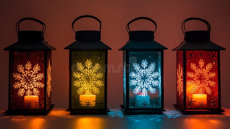 Four Illuminated Lanterns with Snowflake Designs Stock Illustration ...