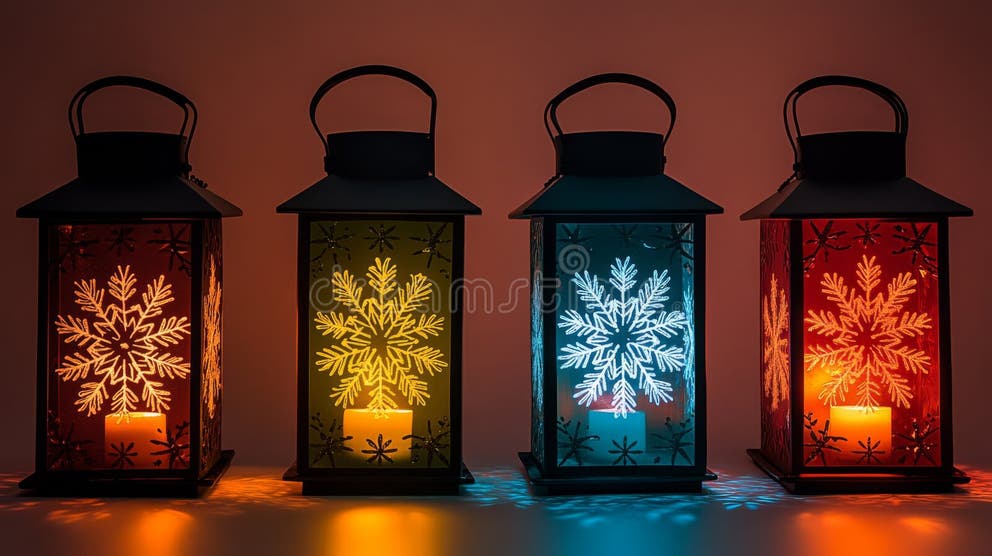 Four Illuminated Lanterns with Snowflake Designs Stock Illustration ...