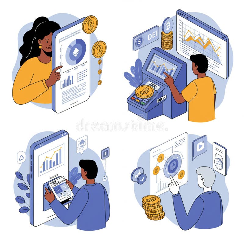 Four Illustrated Scenes Depict Various Aspects of Cryptocurrency ...