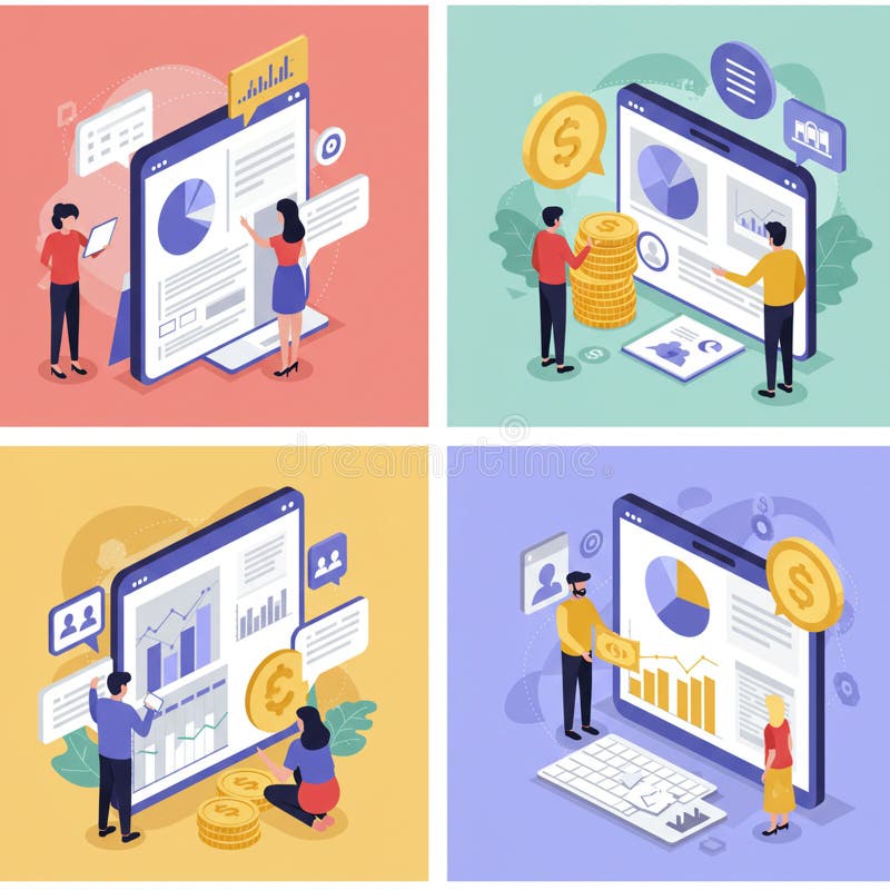 Four Illustrations Depict People Interacting with Large Digital Screens ...