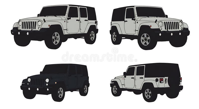 Four Illustrations of a Jeep Wrangler, Shown in Different Angles. the ...