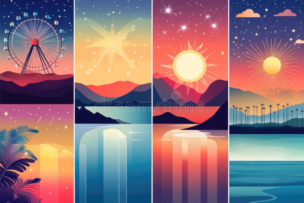 Four Images of a Beautiful Sunset with Different Colors and Cloud ...