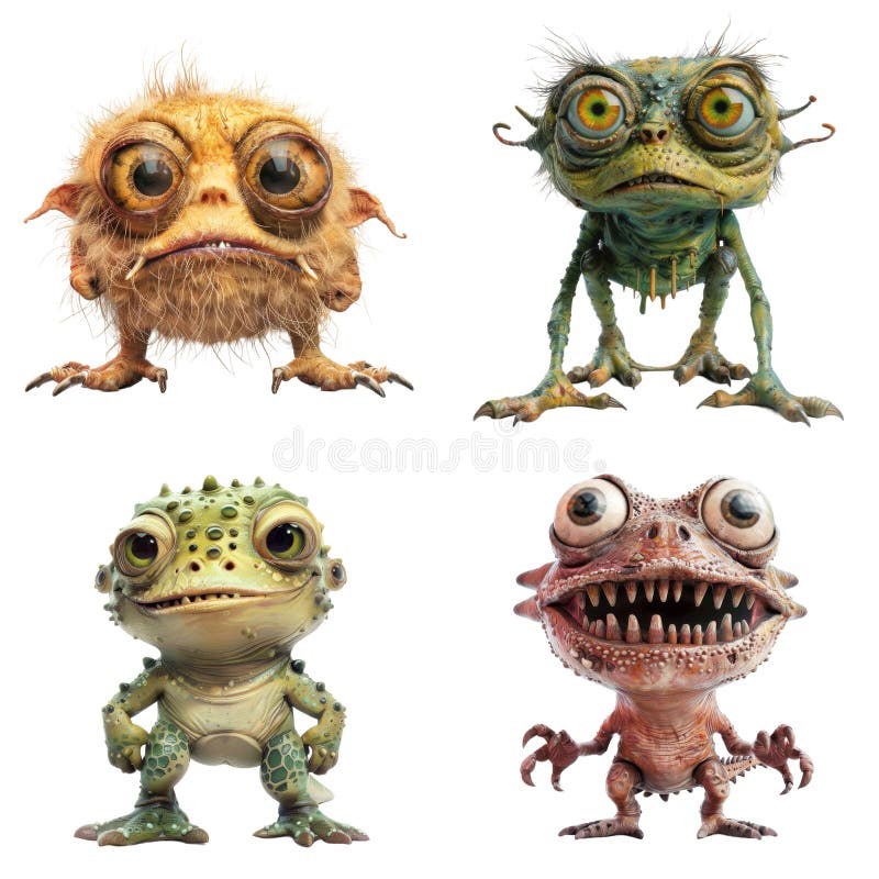 Four Imaginary Creatures with Large Eyes and Claws Stock Image ...