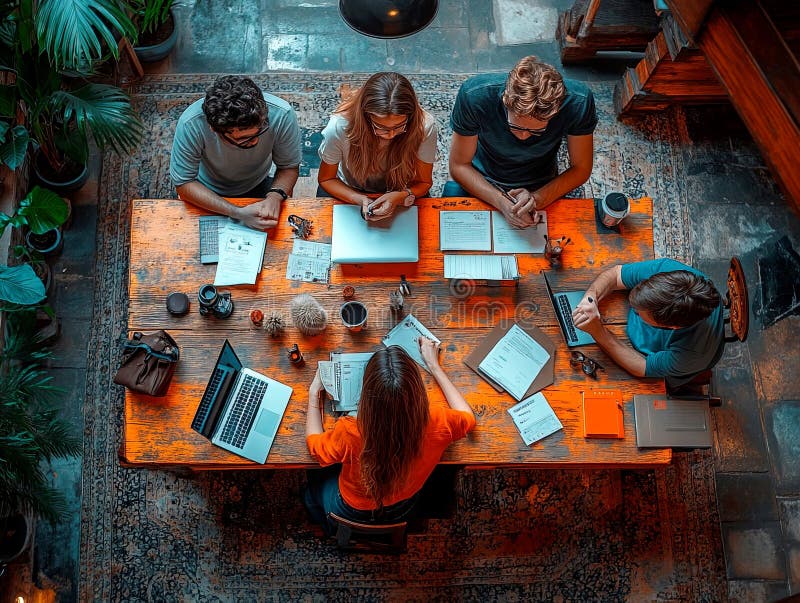 Four Individuals Engaged in a Collaborative Work Session at a Warm ...