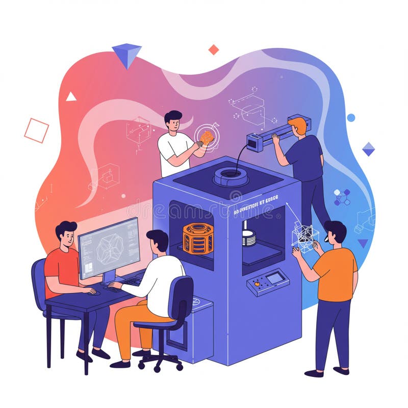 Four Individuals are Engaged in Operating a 3D Printer, with Two ...