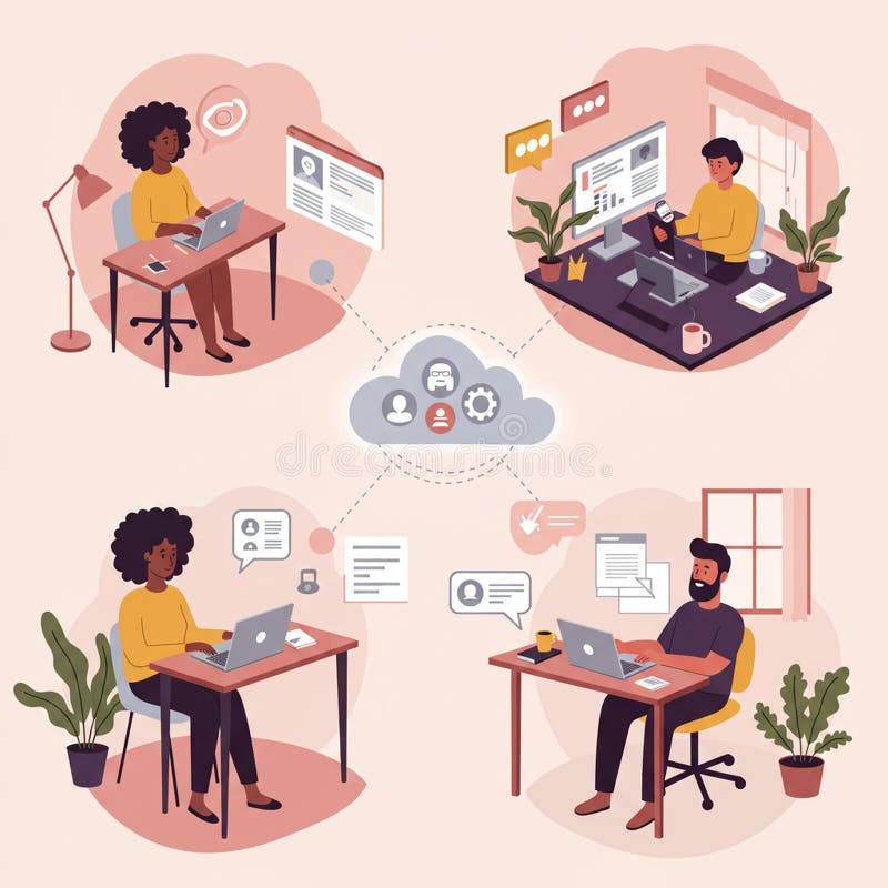 Four Individuals Working Remotely, Connected through a Cloud Network ...