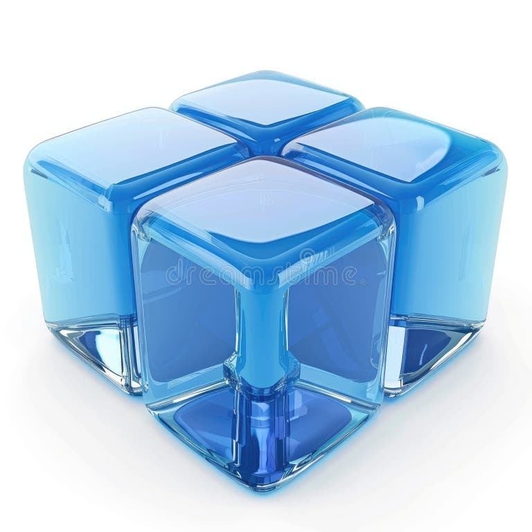 Four Interlocking, Translucent Blue Cubes on a White Background Stock ...