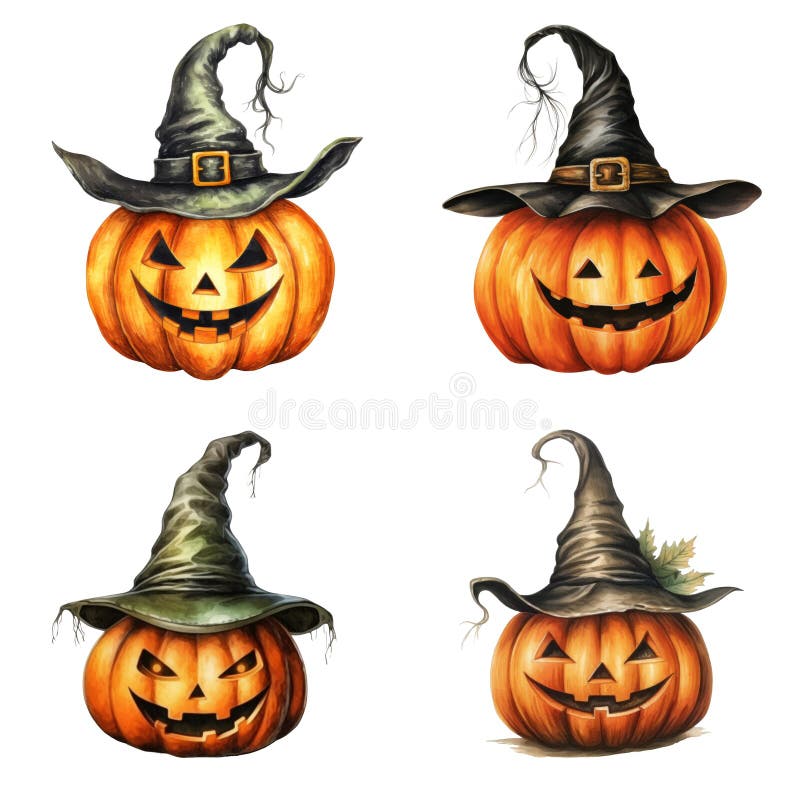 Four Jack-o -Lanterns Wearing Witch Hats Stock Illustration ... Four Jack-o -Lanterns Wearing Witch Hats Stock Illustration ...