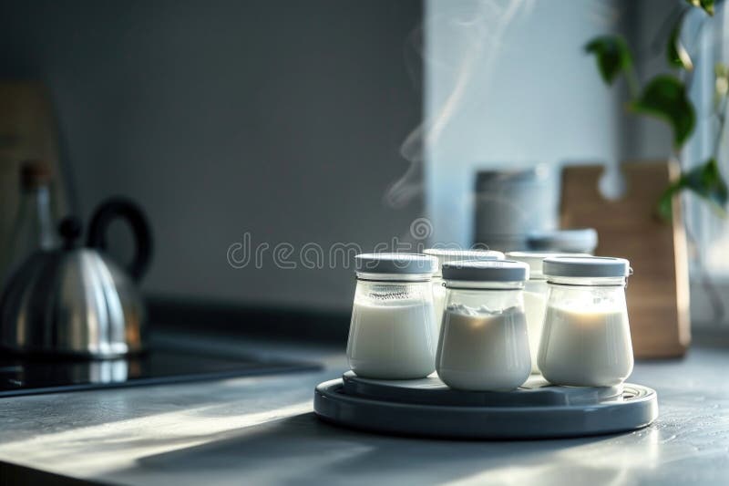Four Jars of Milk Sitting on a Kitchen Counter Stock Photo - Image of ...