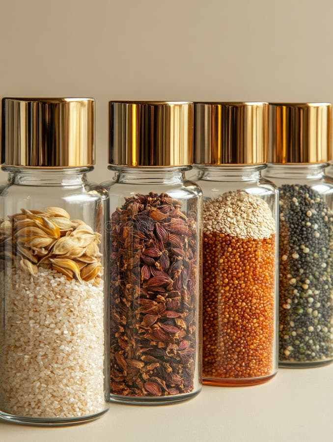 Four Jars with Spices and Grains on a Brown Background. Stock Photo ...
