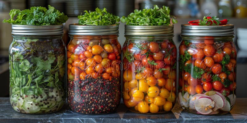 Four Jars with Various Vegetables Stand on a Counter Stock Photo ...