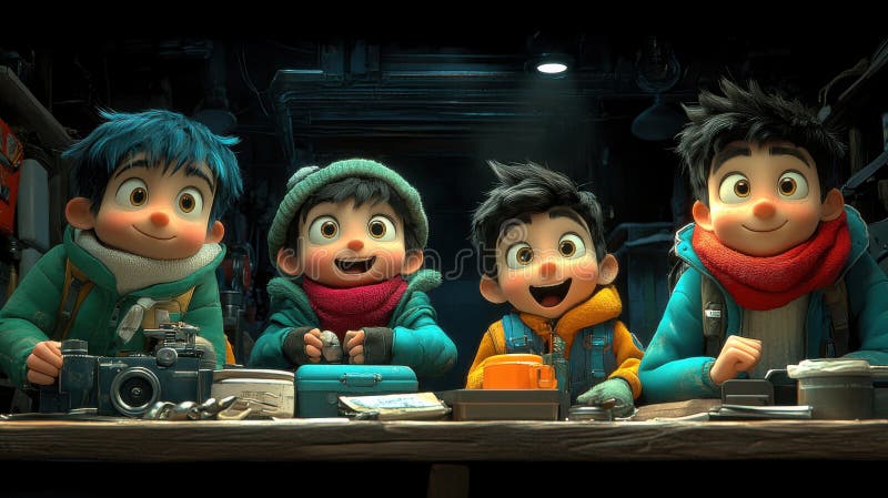 Four Joyful Boys Anticipating an Adventure Stock Illustration ...
