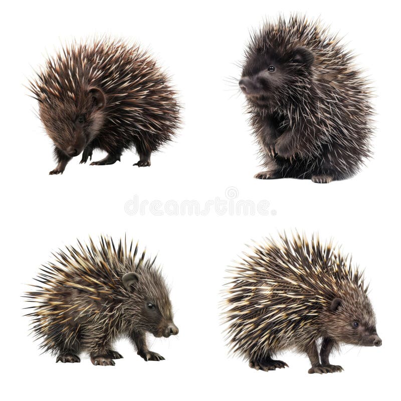 Four Juvenile Porcupines in Various Poses Against Stock Photo ...