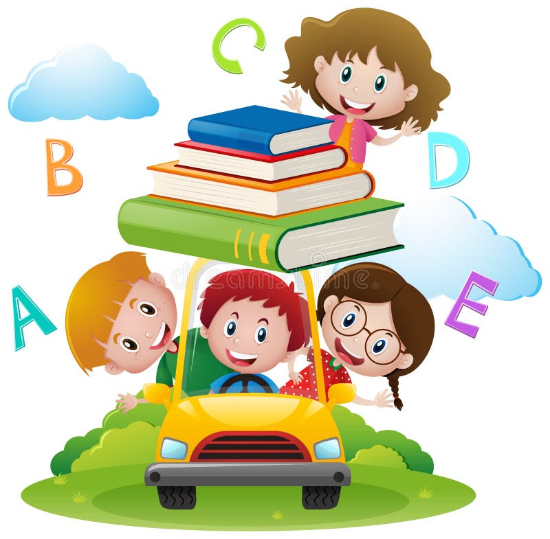 Four Kids Driving Car with Books Stock Vector - Illustration of path ...