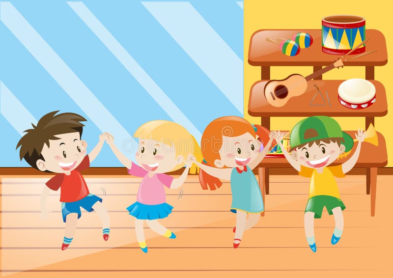 Four Kids Having Fun in Music Class Stock Vector - Illustration of ...