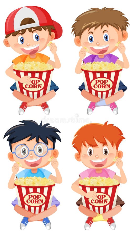 Four Kids with Popcorn Buckets Stock Vector - Illustration of cute ...