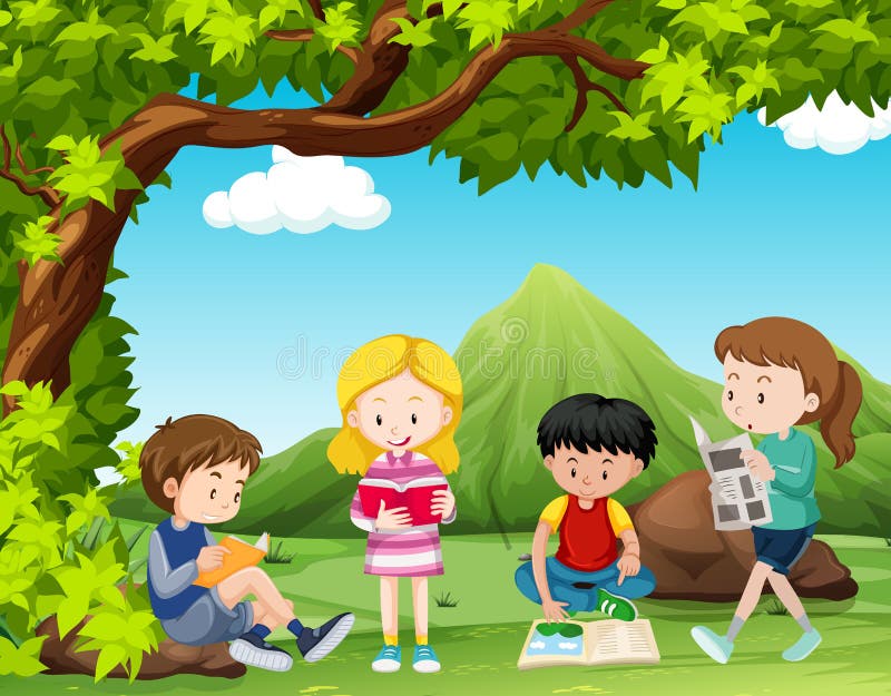 Four Kids Reading Books Under the Tree Stock Illustration ...