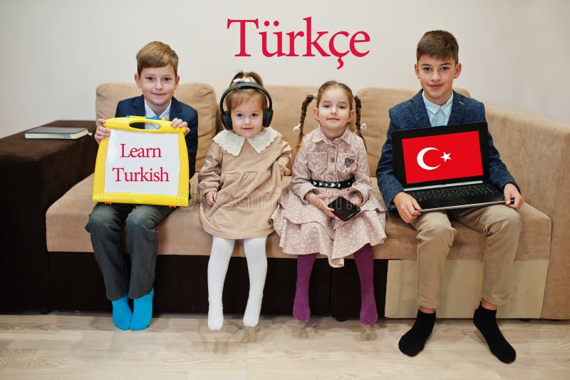 Four Kids Show Inscription Learn Turkish. Foreign Language Learning ...