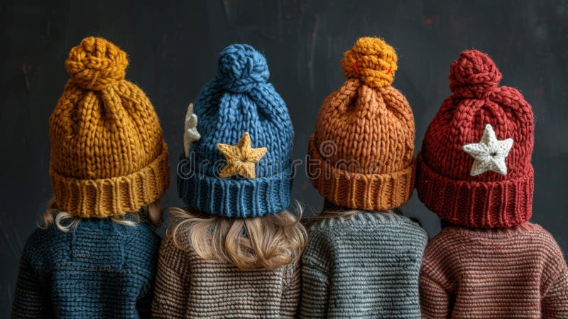 Four Kids Wearing Star Pattern Knitted Hats Stock Image - Image of ...