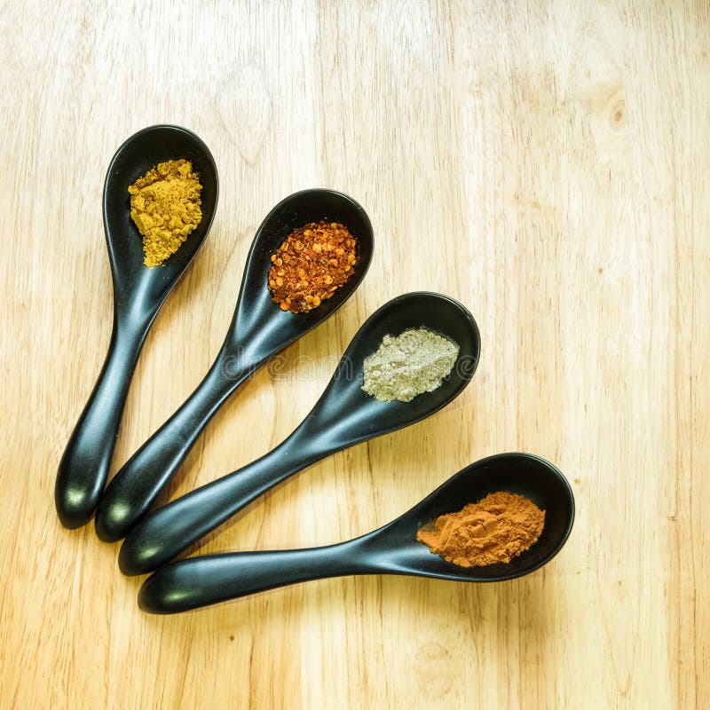Four Kind of Spices in the Ceramic Spoon Stock Image - Image of spicy ...