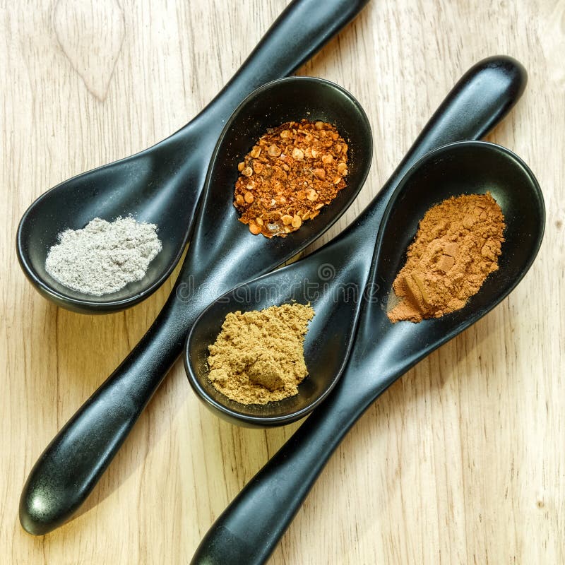 Four Kind of Spices in the Ceramic Spoon Stock Image - Image of spicy ...
