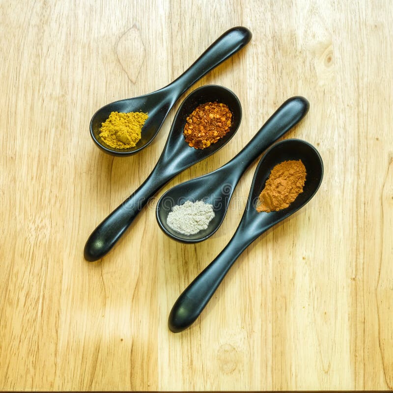 Four Kind of Spices in the Ceramic Spoon Stock Image - Image of spicy ...
