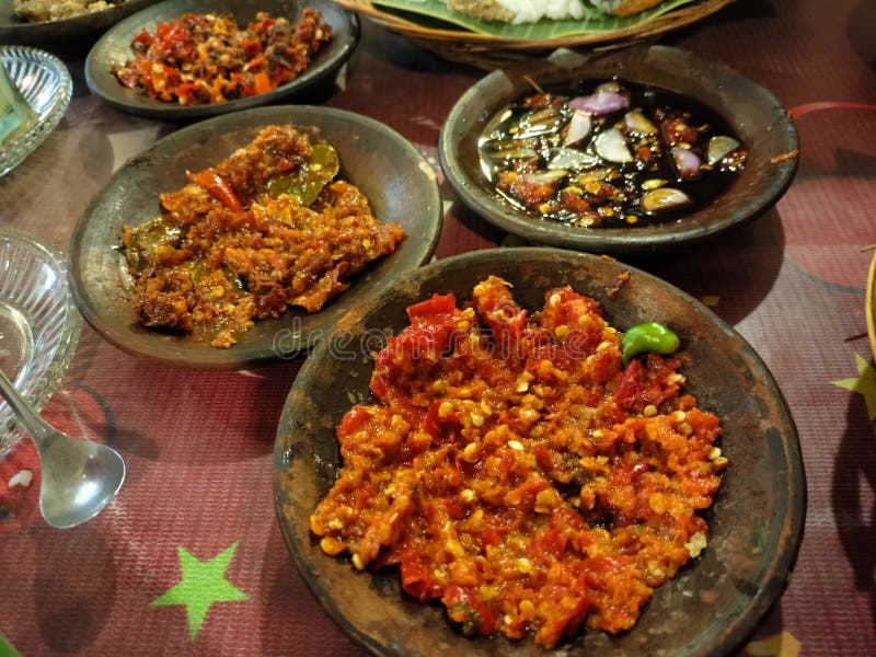 Four Kinds of Sambals on Different Plates Stock Photo - Image of four ...