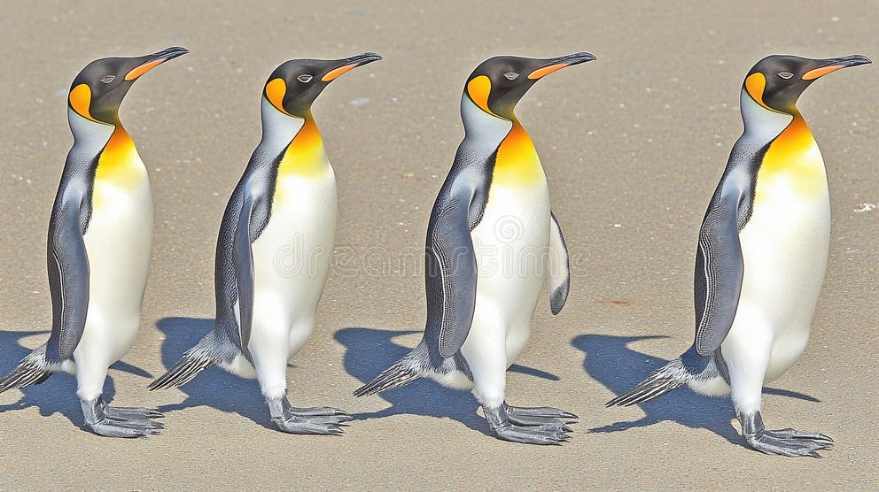 Four King Penguins Walking in a Row on a Beach Stock Photo - Image of ...
