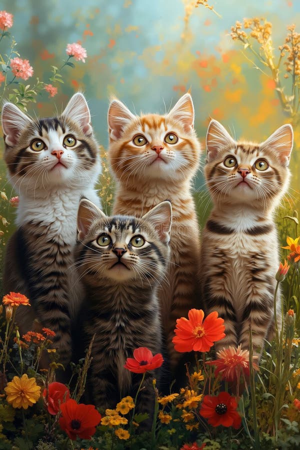 A Group of Kittens Sitting in a Field of Flowers Stock Photo - Image of ...