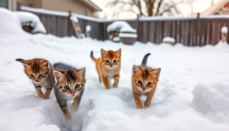 Four Kittens are Playing in the Snow Stock Photo - Image of domestic ...