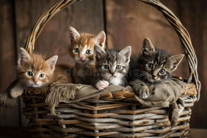 Four Kittens are Sitting in a Basket, Looking at the Camera Stock Image ...