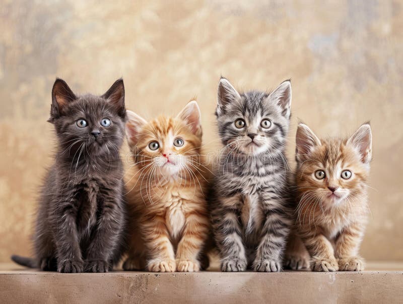 Four Kittens Sitting on a Ledge Looking at the Camera Stock Image ...