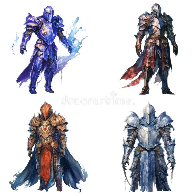 Four Knights in Unique Armor, Standing in a Row Stock Photo ...