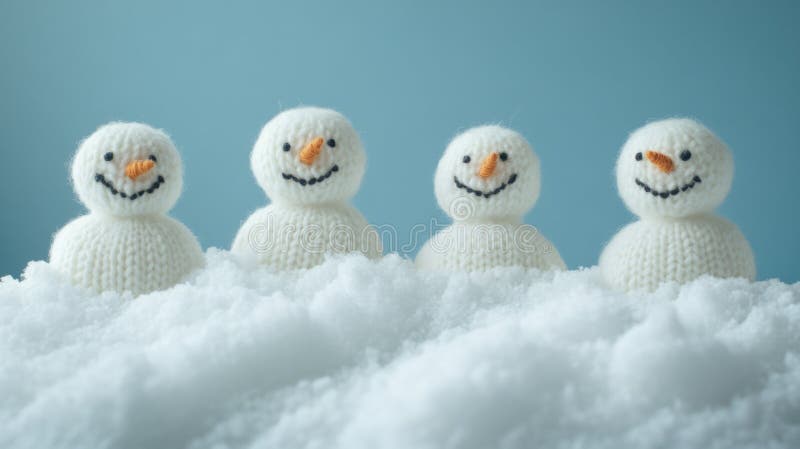 Four Knitted Snowmen Smiling on a Snowy Background Stock Illustration ...