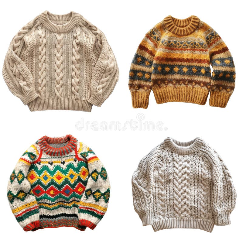 Four Knitted Sweaters with Various Patterns and Colors Stock ...