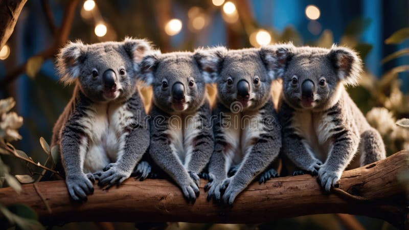 Adorable Koala Quartet on a Branch at Night Stock Illustration ...