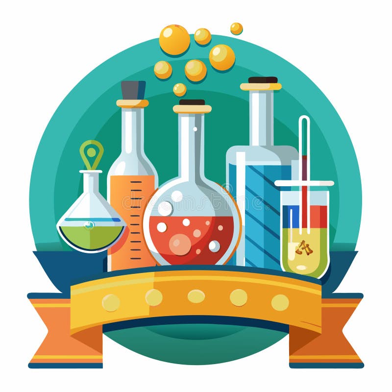 Four Laboratory Flasks, One Beaker, and a Test Tube with a Ribbon ...