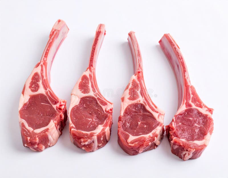Four Lamb Chops with Visible Bones, Arranged in a Row on a White ...
