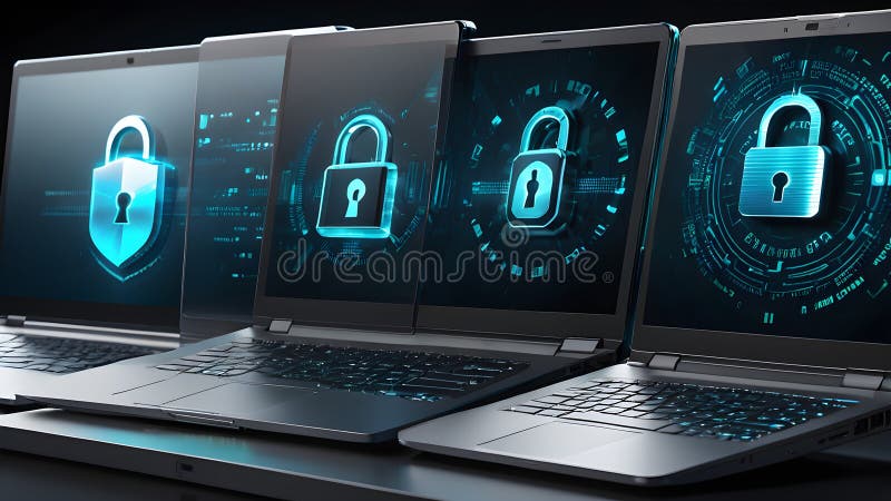 Four Laptops with a Blue Lock on the Screen Stock Illustration ...