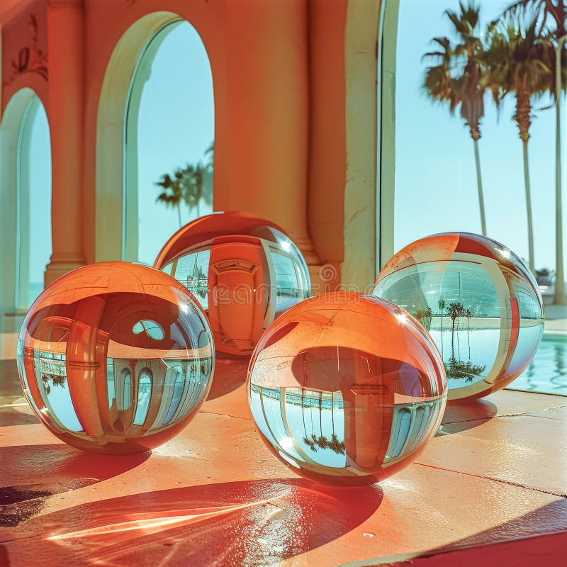 Four Large Glass Spheres are Sitting on a Table, Reflecting the ...