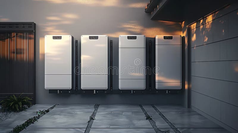 Four Large White Battery Storage Units Mounted on a Concrete Wall ...