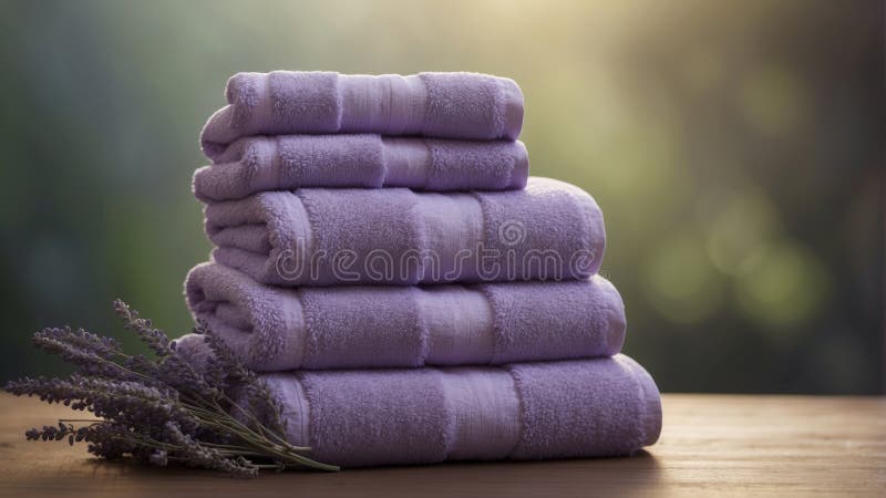 Four Lavender Towels Stacked Neatly with Sprigs. Stock Photo - Image of ...