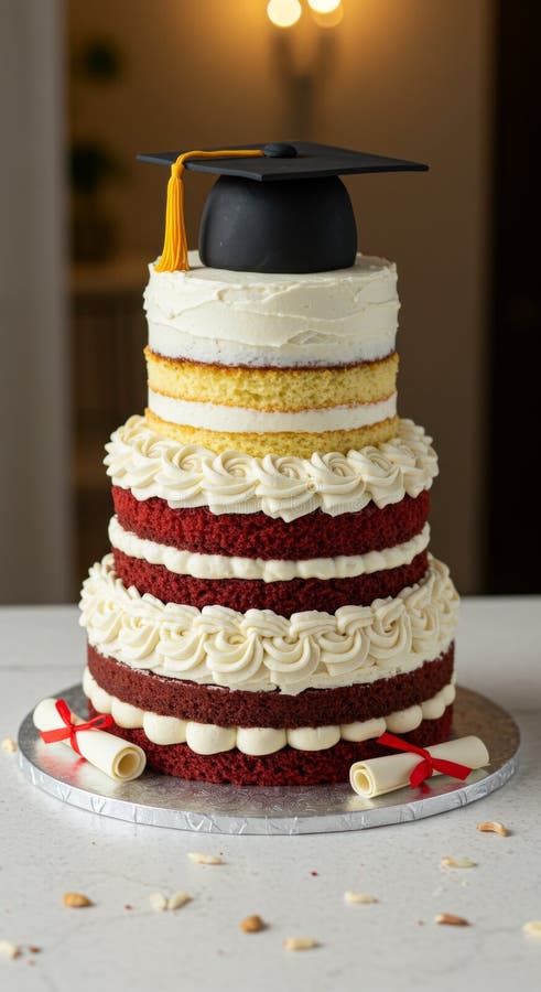 Four Layer Red Velvet and Vanilla Graduation Cake Stock Illustration ...