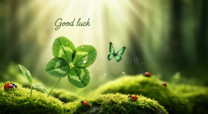 Four-leaf Clover with Dewdrops and a Green Butterfly in a Sunlit Forest ...