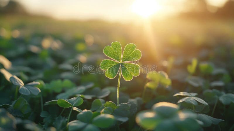 Four Leaf Clover in a Field of Green at Sunset Stock Illustration ...